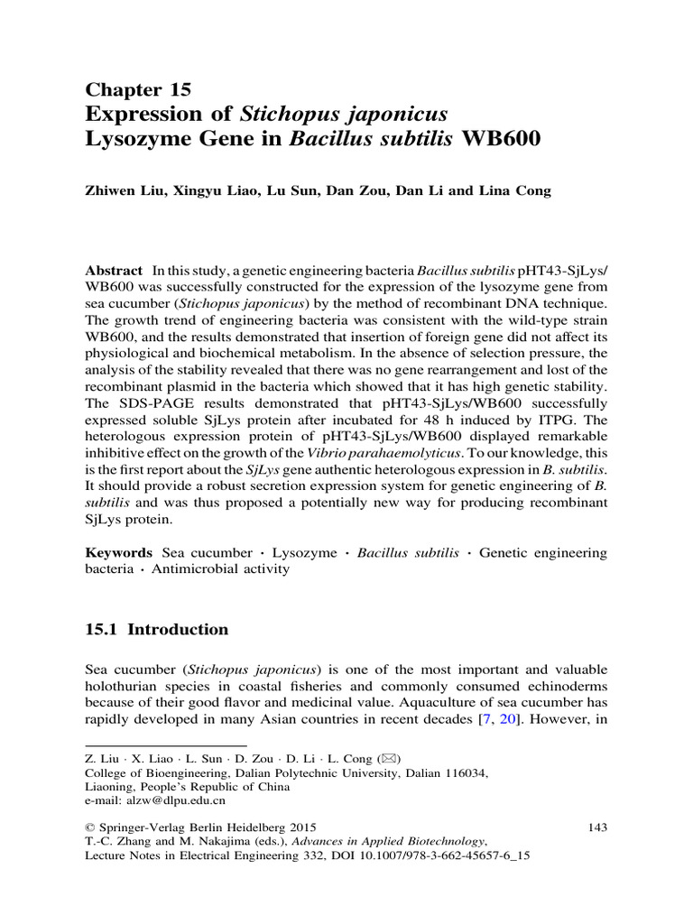 016-Chapter 15 Expression of Stichopus japonicus Lysozyme Gene in ...