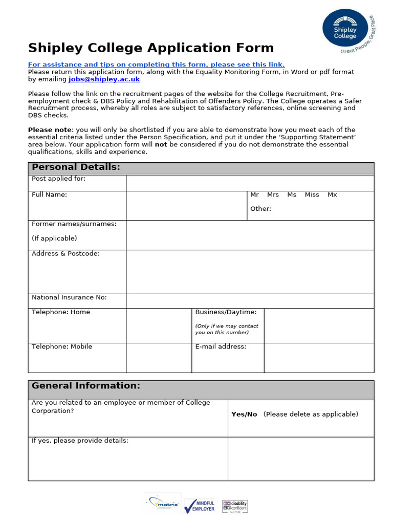 New Shipley College Application Form 2024 2025 2 | PDF | Recruitment | Employment