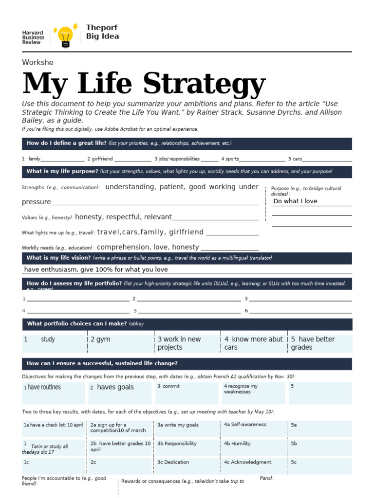 HBR My Life Strategy Worksheet | PDF | Learning | Cognition