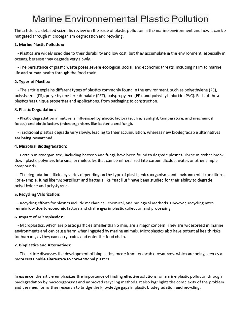 Marine Environnemental Plastic Pollution (Homework) | PDF | Plastic ...