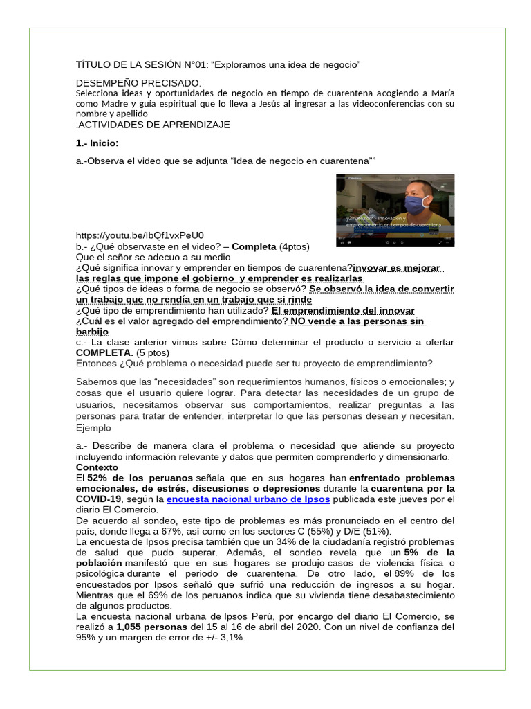 1B N38 Sesion01 Ideas de Negocios VILCA GORDILLO | PDF | Iniciativa empresarial