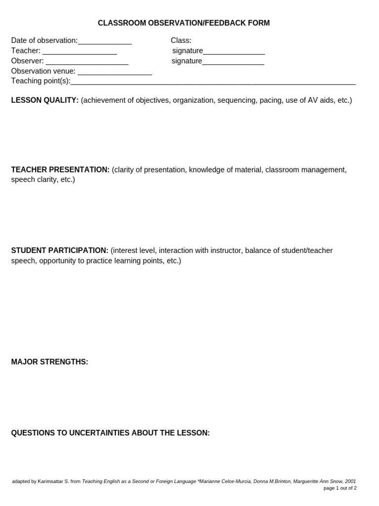 Classroom Observation Feedback by Observer (While Lesson and After) | PDF