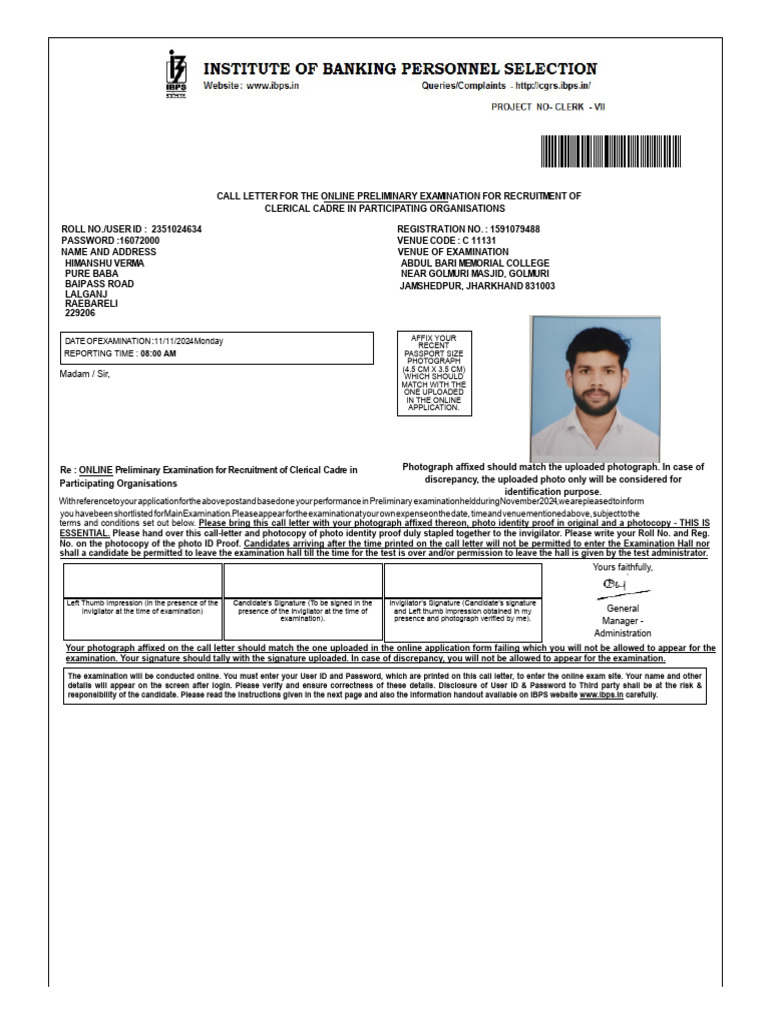 IBPS Admit Card 2024 | PDF | Identity Document