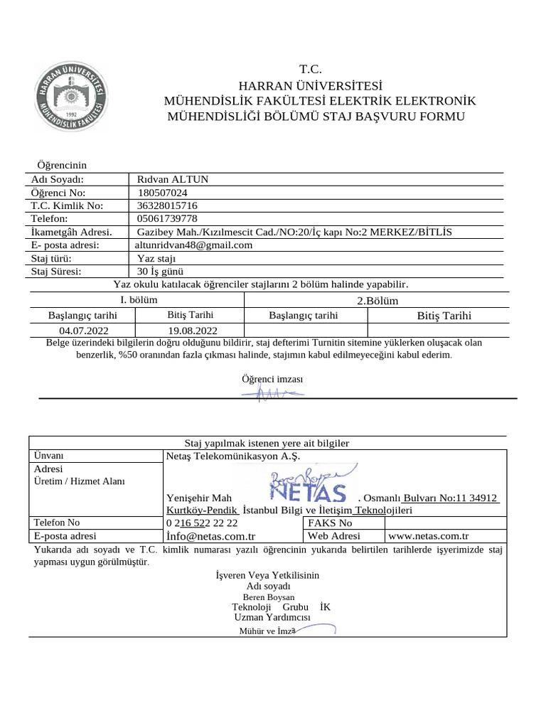 Rıdvan Altun - Staj Başvuru Formu | PDF