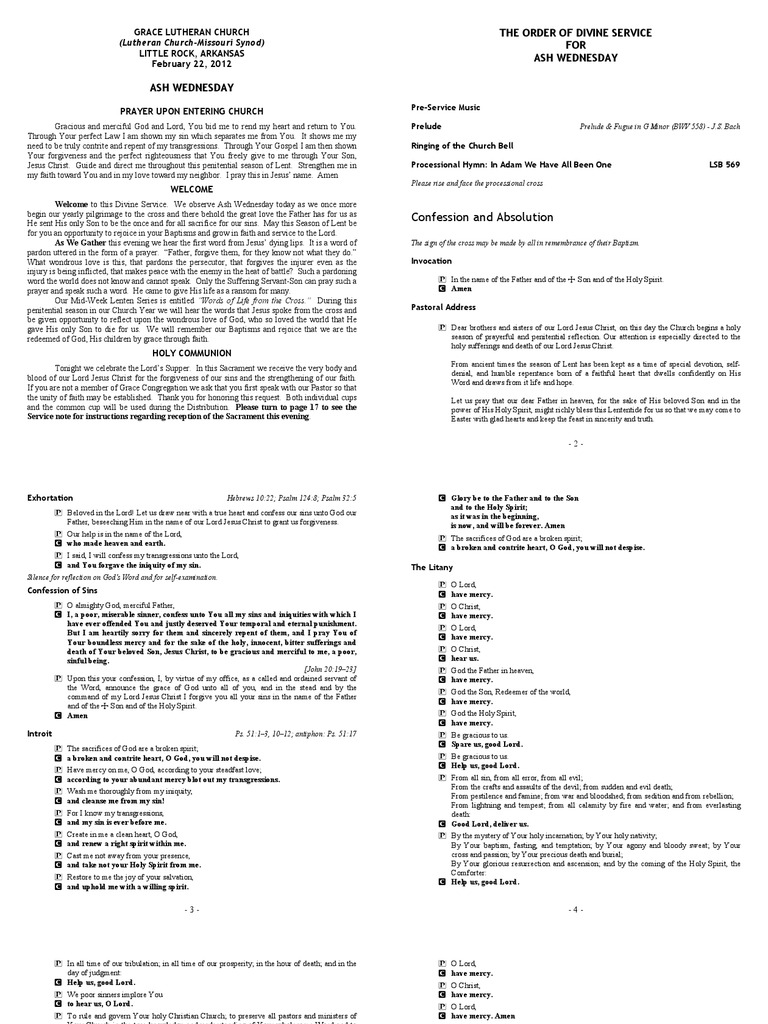 The Order of Divine Service FOR Ash Wednesday: (Lutheran Church ...
