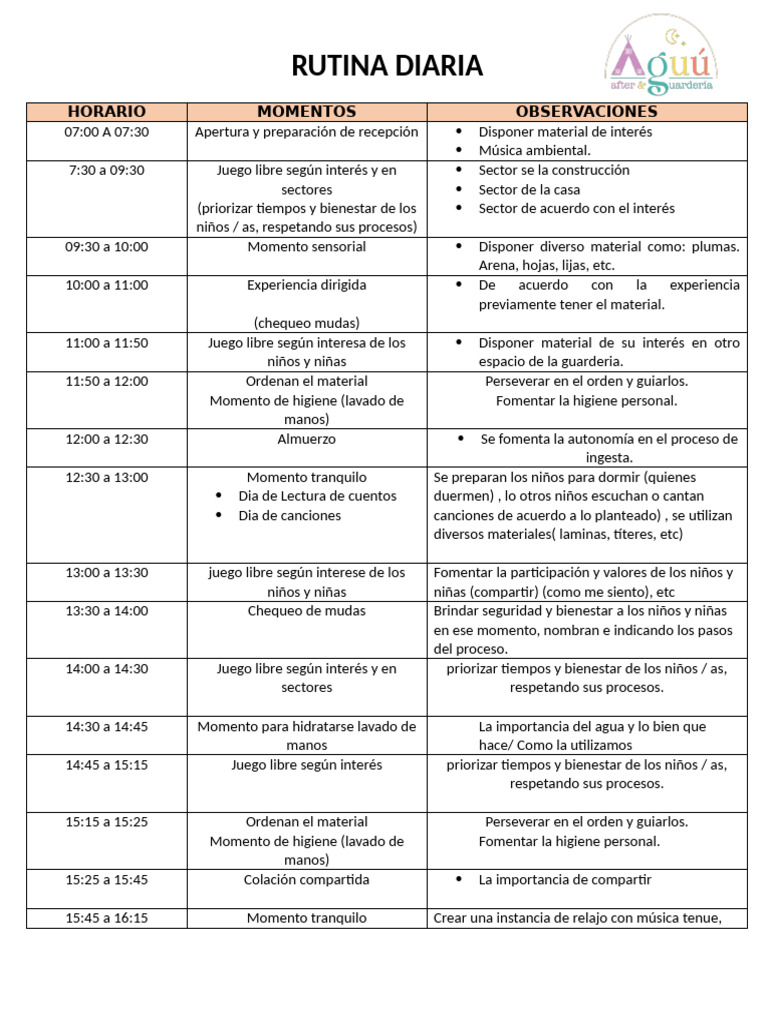 Rutina Diaria para Niños en Guardería | PDF