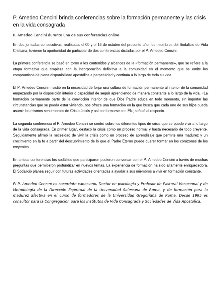 Conferencias sobre Formación y Crisis en Vida Consagrada | PDF