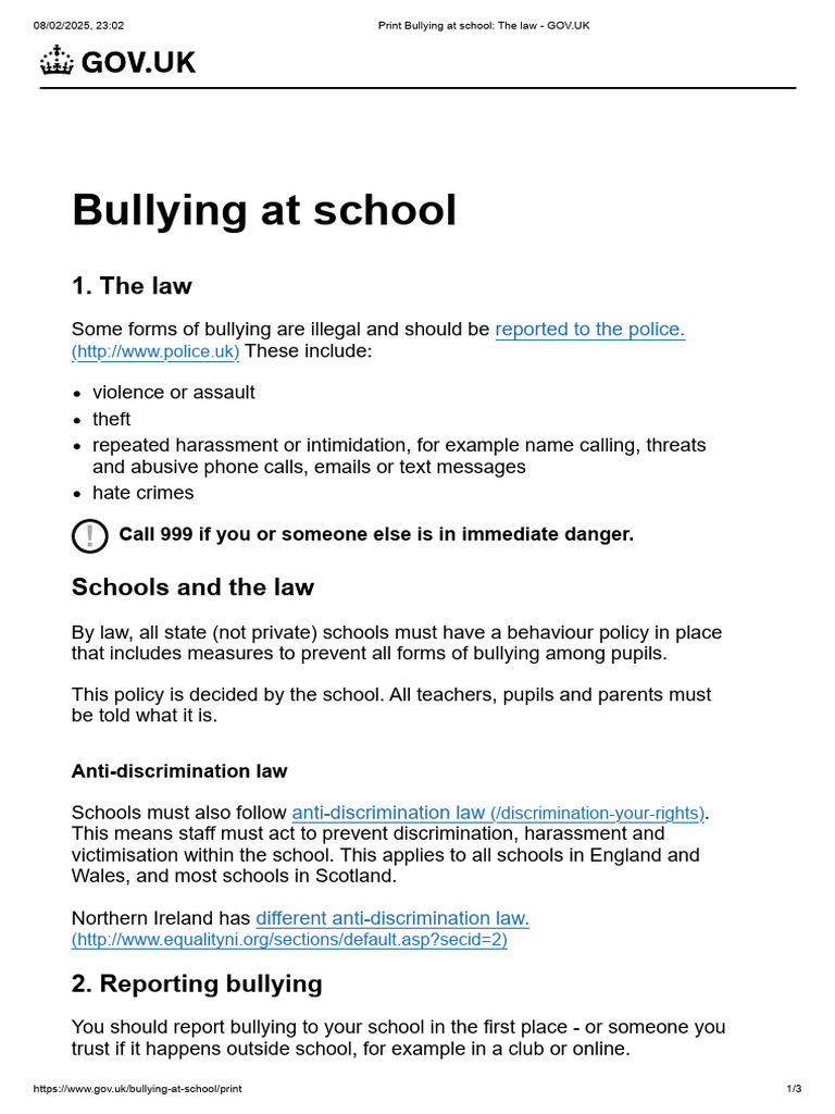 Print Bullying at School - The Law - GOV - Uk | PDF | Bullying ...