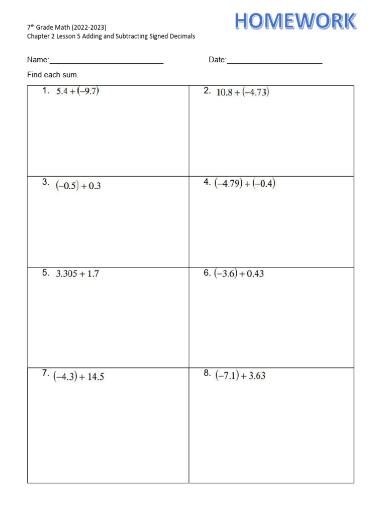 Eliel Quinones-Cruz - 2.5 Adding and Subtracting Signed Decimals WKSHT ...
