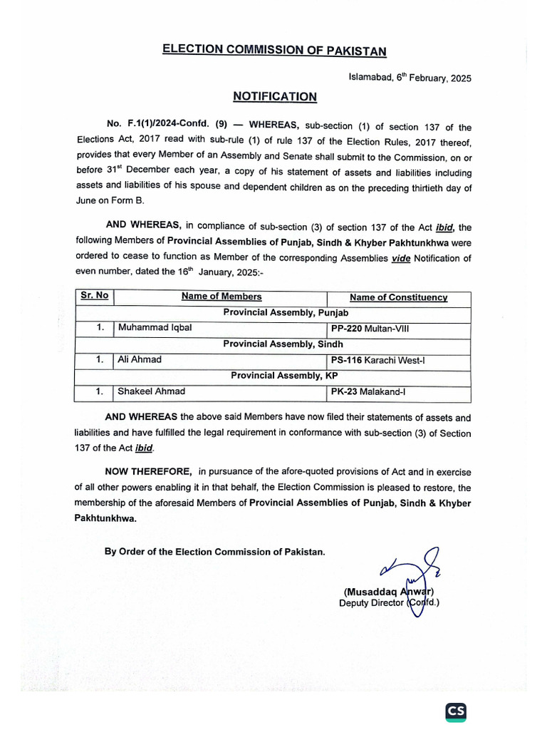 ECP Notification Regarding Membership of MPA Sindh KP 6 Feb | PDF