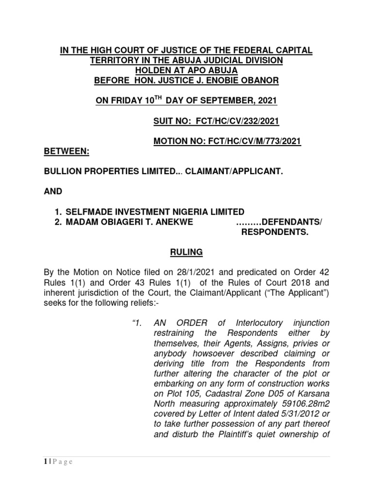 Constitutional Law BULLION-PROPERTIES-LTD-V.S-SELFMADE-INVST-NIG-LTD-1-OR-INTERLOCUTORY ...