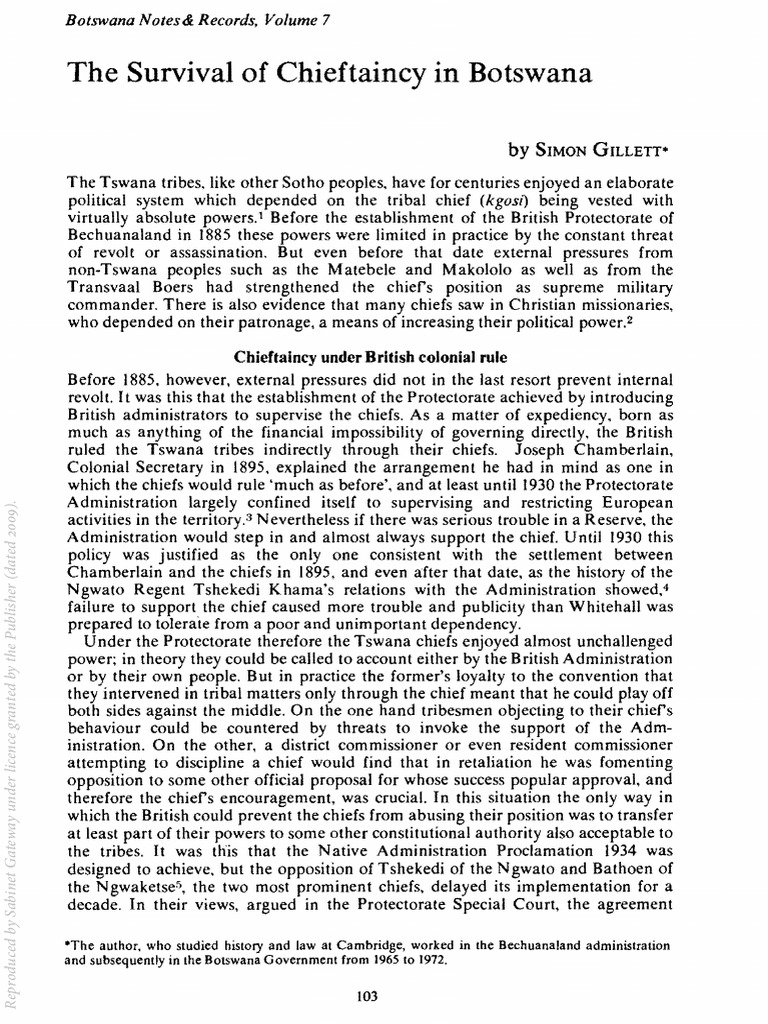 Gillet 1975 The Survival of Chieftaincy in Botswana | PDF | Political ...