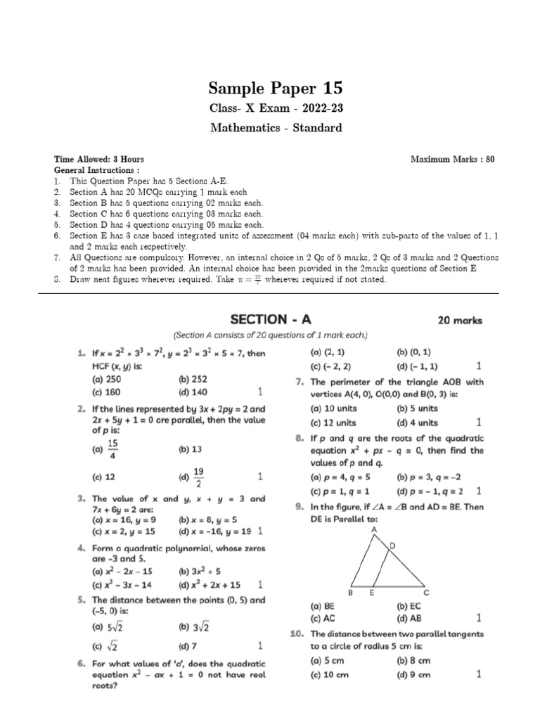 Class 10 Maths Sample Paper 15 | PDF