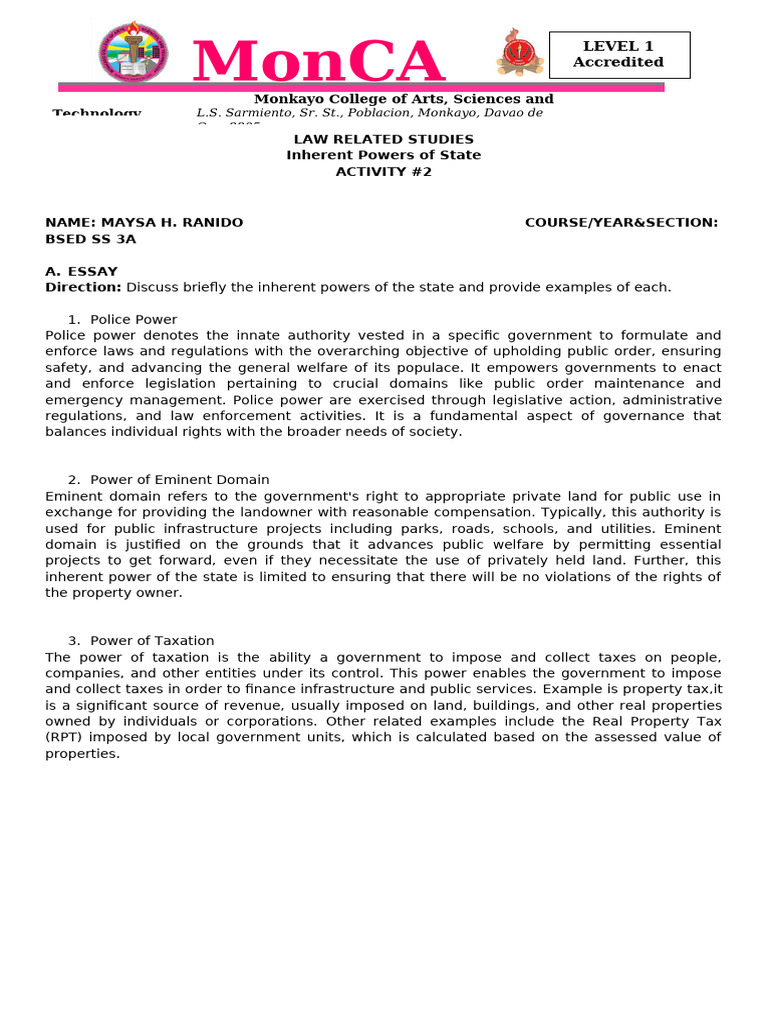 Inherent Powers of the State Explained | PDF | Taxes | Property