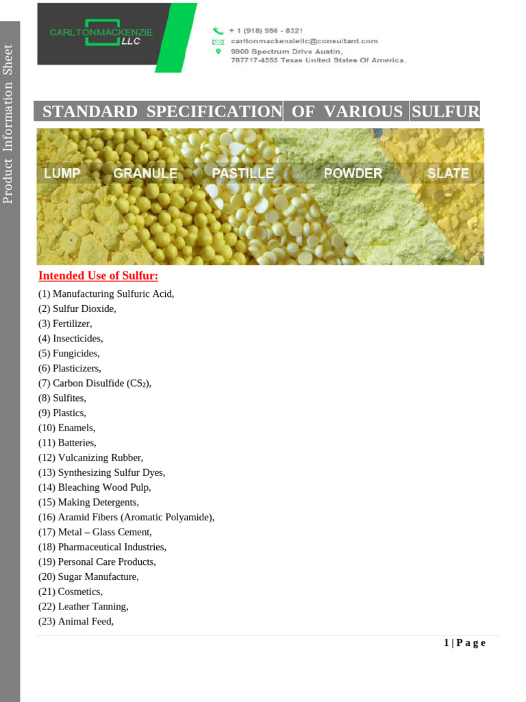 Standard Specification of Various Sulfur | PDF | Sulfur | Sulfuric Acid