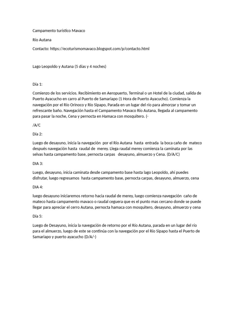 Aventura en Río Autana: 5 Días | PDF | Cámping