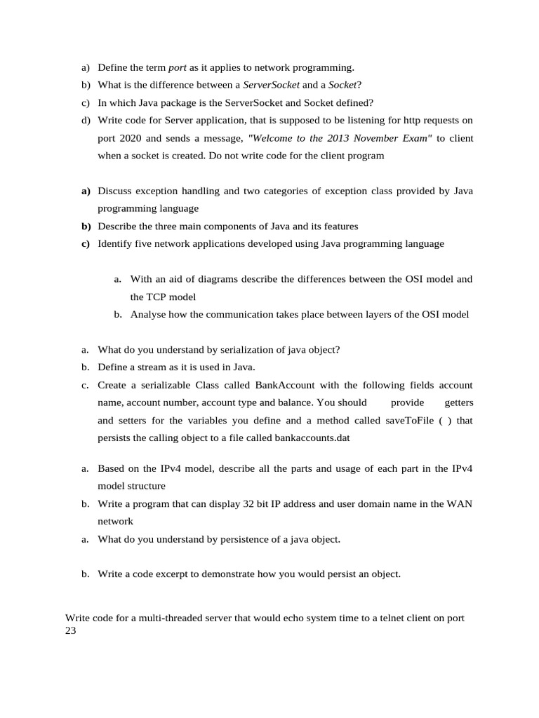 Revision Questions Java | PDF | Network Socket | Port (Computer Networking)