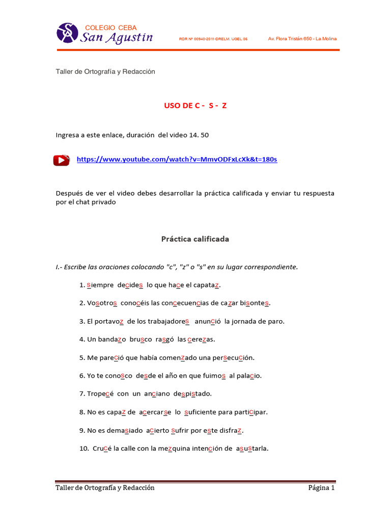 Taller de Ortografía: Uso de C, S y Z | PDF