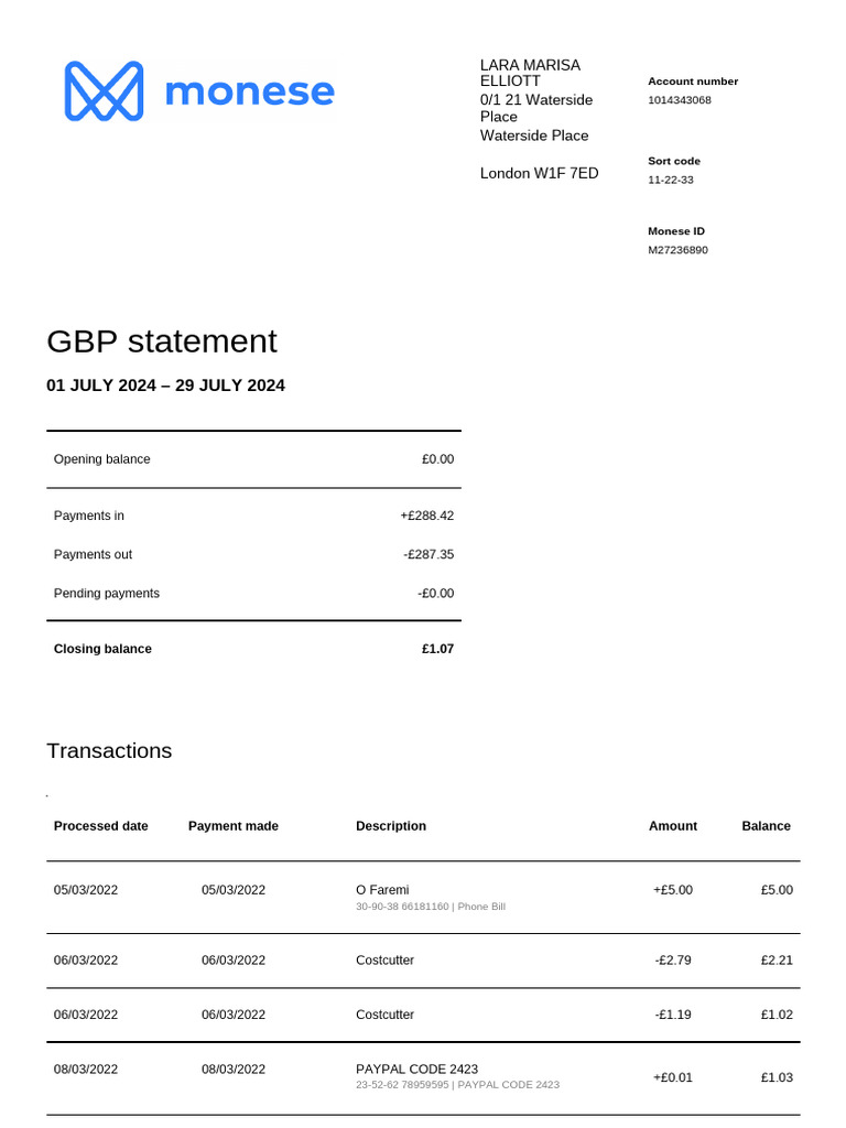 Monese Account Statement Summary | PDF | Pay Pal | Financial Services