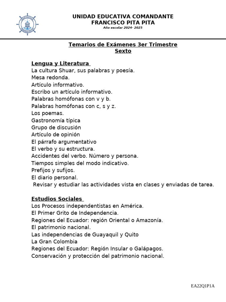 Temarios Sexto Examen - 3er Trimestre | PDF