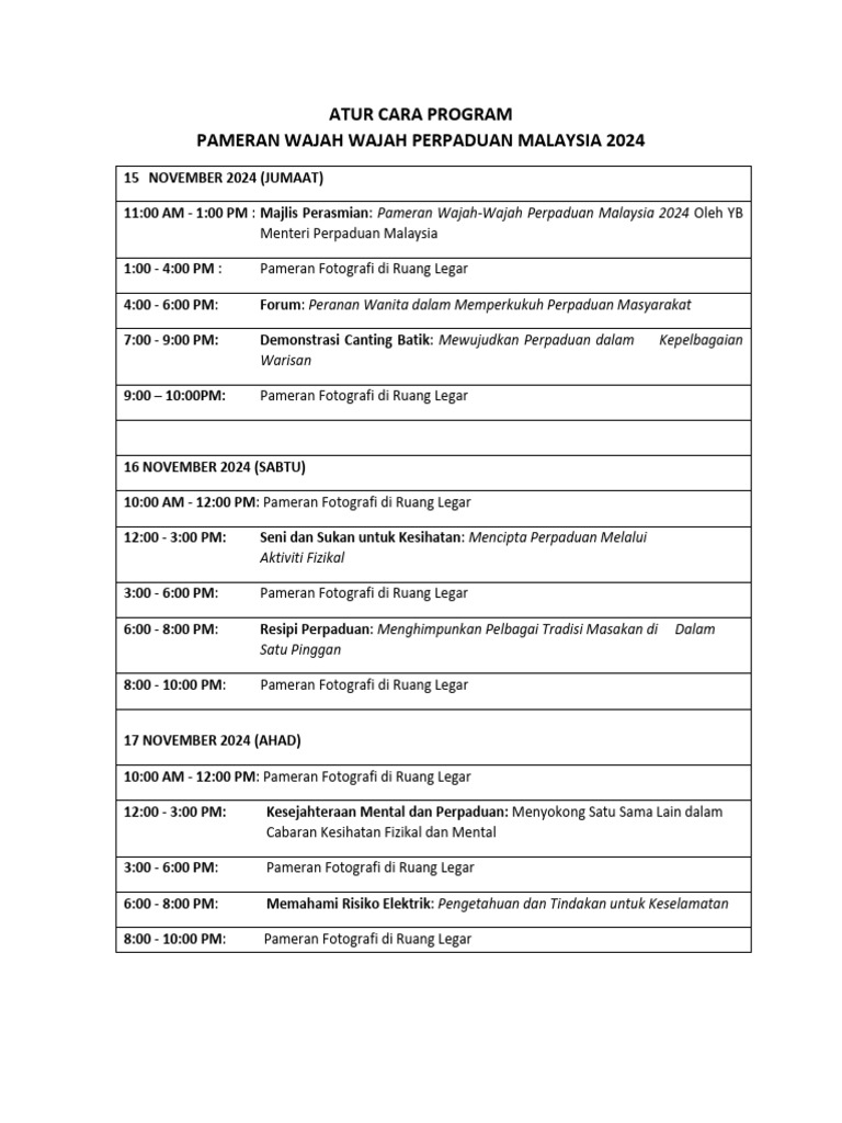 ATUR CARA PROGRAM_PAMERAN_WAJAH_WAJAH_PERPADUAN_MALAYSIA_2024 | PDF