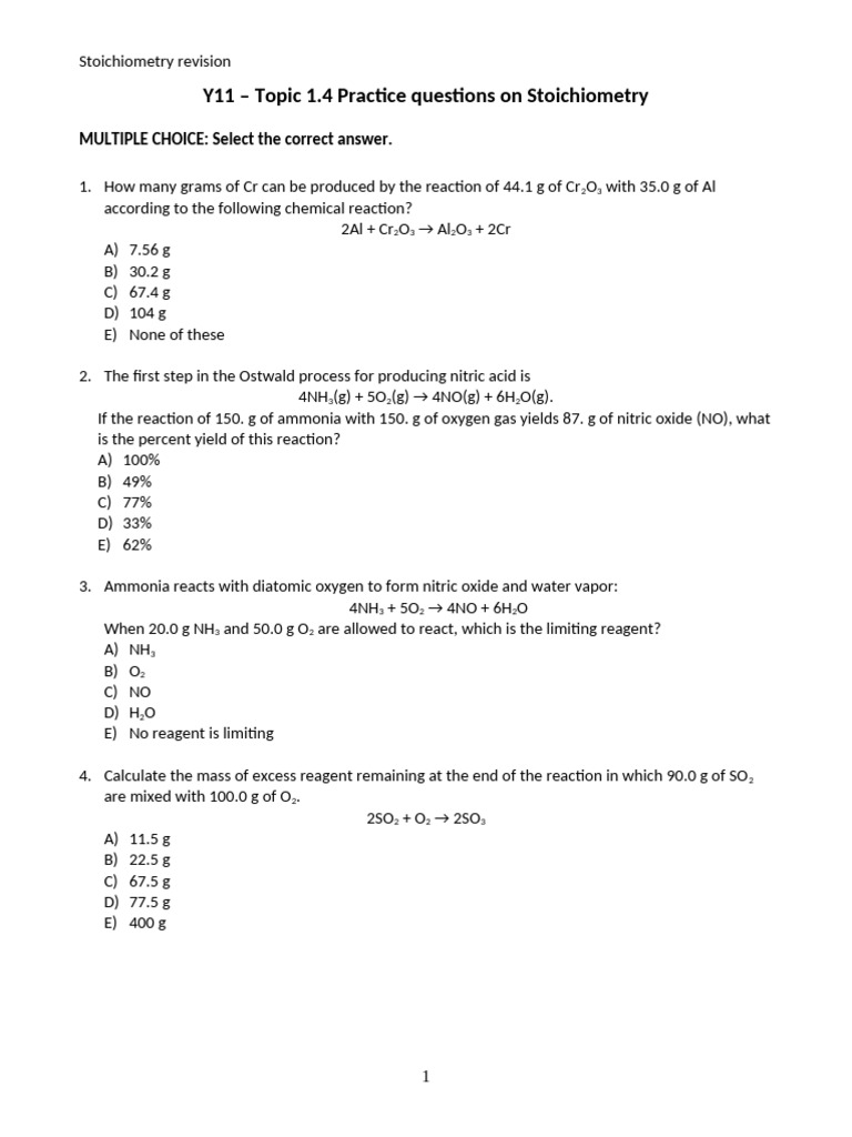 Stoichiometry Practice Questions | PDF