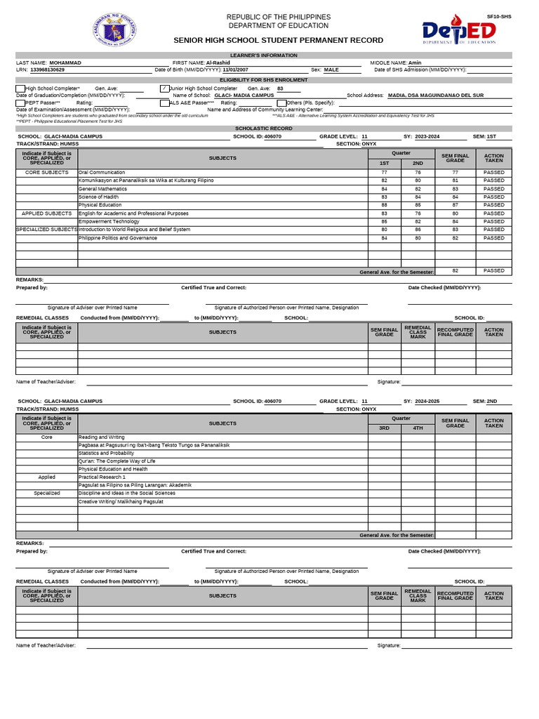 Mohammad Al Rashid Amin SF10 | PDF | Middle Schools