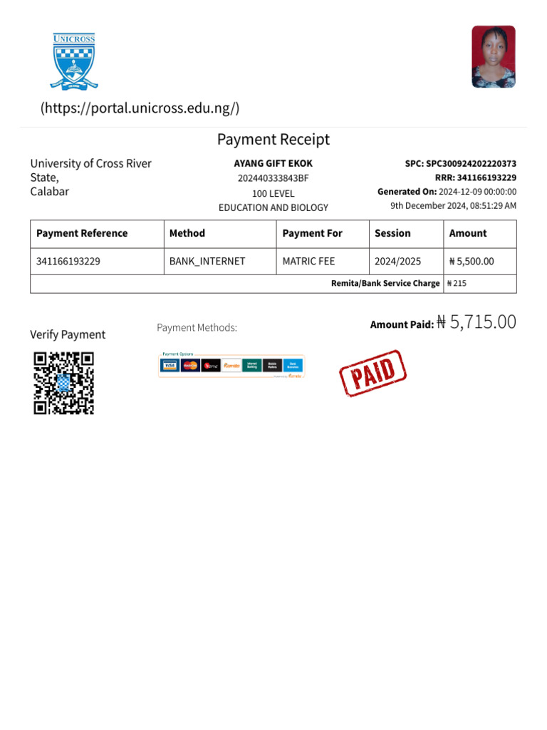 Unicross Payment Receipt 2024/2025 | PDF