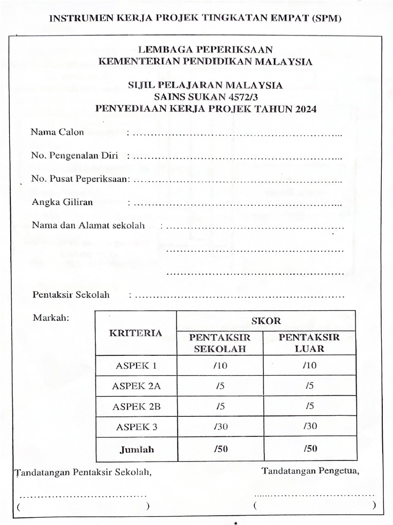 Instrumen Kerja Projek Tingkatan Empat. (SPM) | PDF