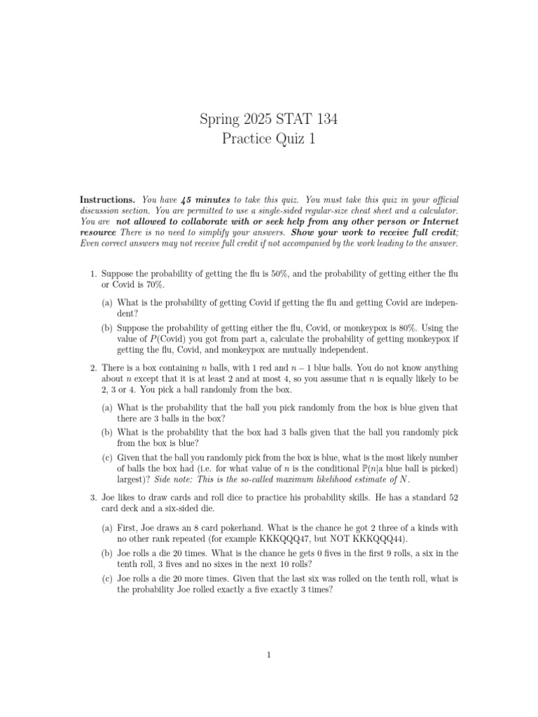 S25 Stat 134 Q1 | PDF | Probability | Measure Theory