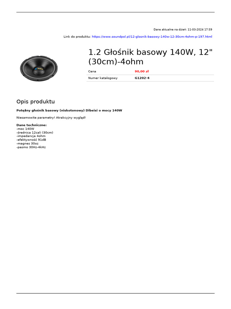 12 Glosnik Basowy 140w 12 30cm 4ohm | PDF
