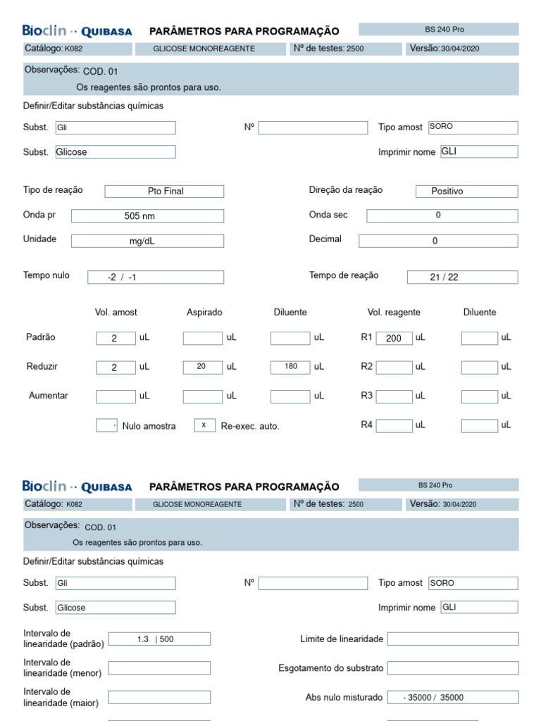 Programacao Glicose Monoreagente Bs 240 Pro 01 | PDF | Química