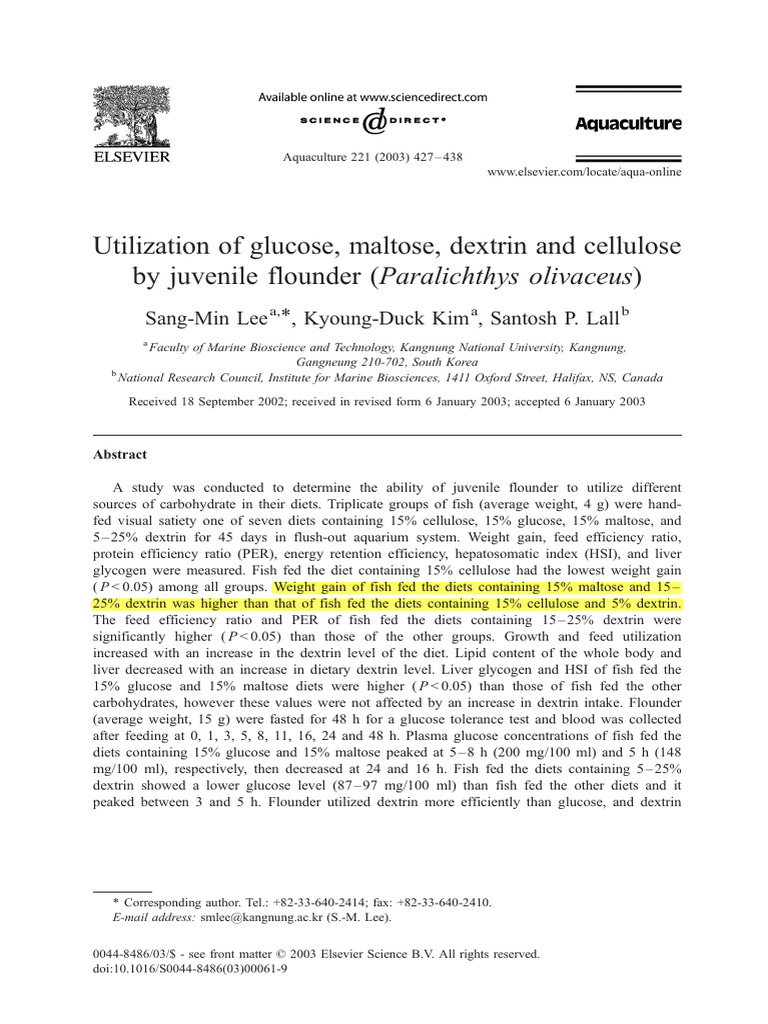 Lee 2003 Utilization of Glucose Maltose Dextrin and Cellulose by P. Olivaceus | PDF ...