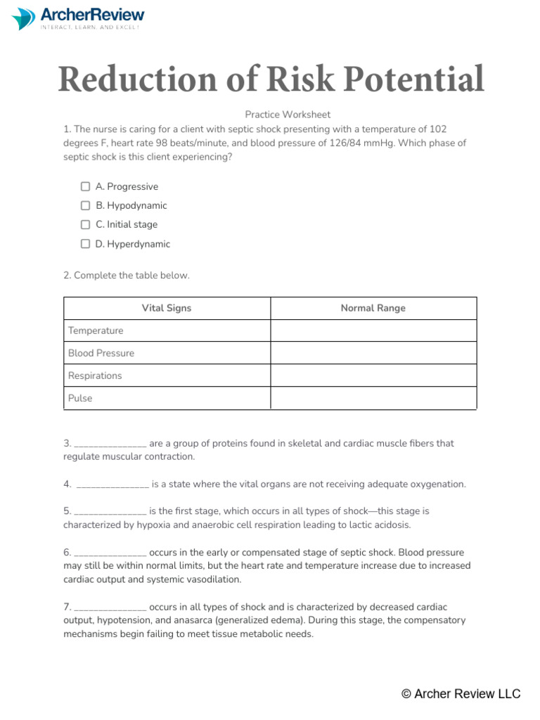 Risk Potential Worksheet | PDF | Shock (Circulatory) | Sepsis