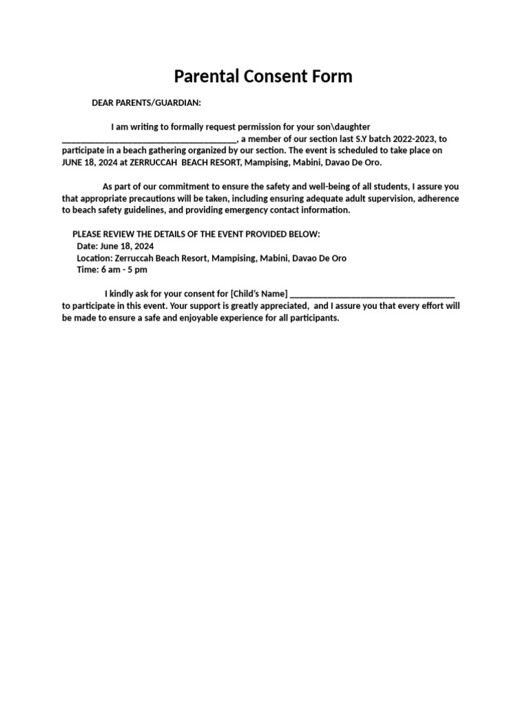 Parental Consent for Beach Gathering | PDF