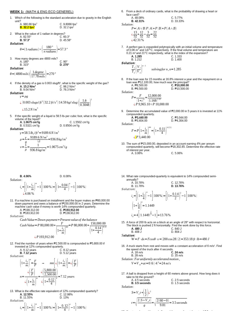 Week 1 Math Eng Eco Gen. Solution | PDF | Present Value | Physical ...