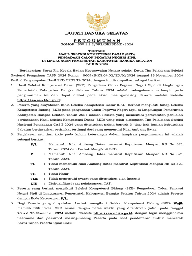 Pengumuman Hasil SKD CPNS 2024 | PDF