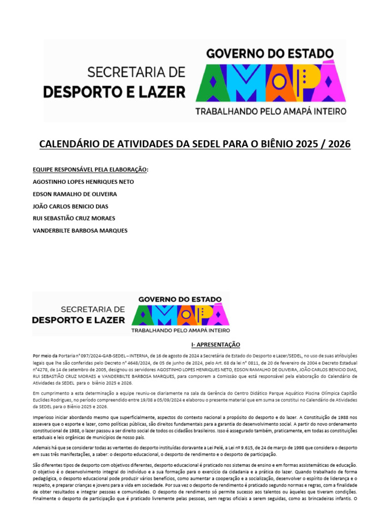 Calendário de Atividades SEDEL 2025-2026 | PDF | Esportes | Lazer