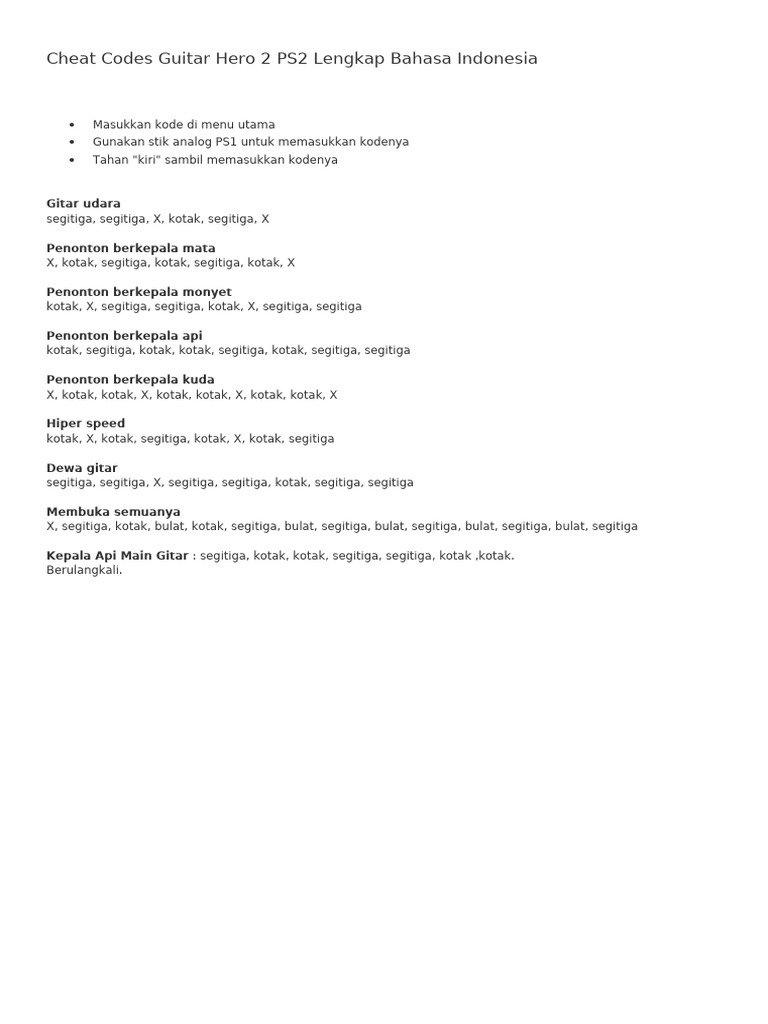 Cheat Codes Lengkap Guitar Hero 2 PS2 | PDF