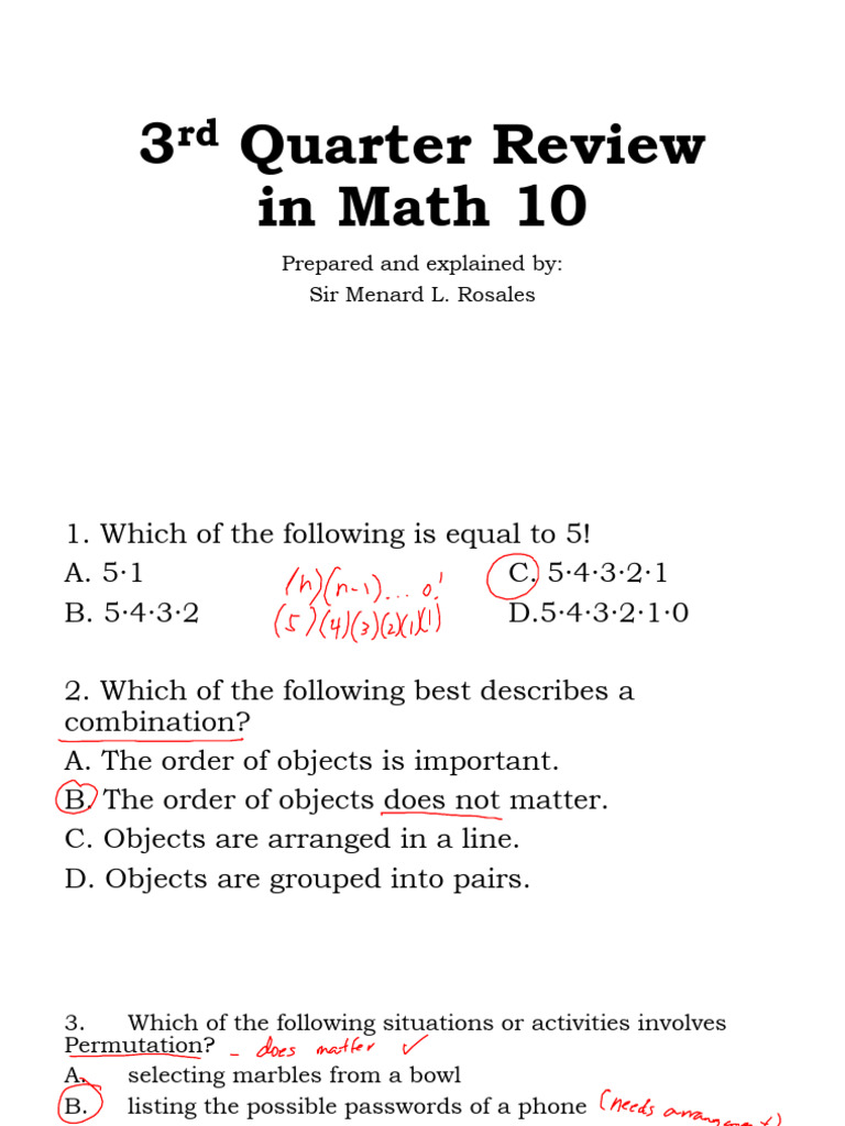 Math 10: 3rd Quarter Review on Combinations and Permutations | PDF ...