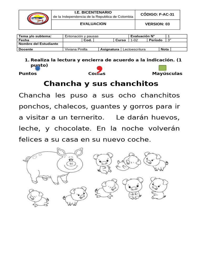 Evaluacion #1 de Lectoescritura | PDF