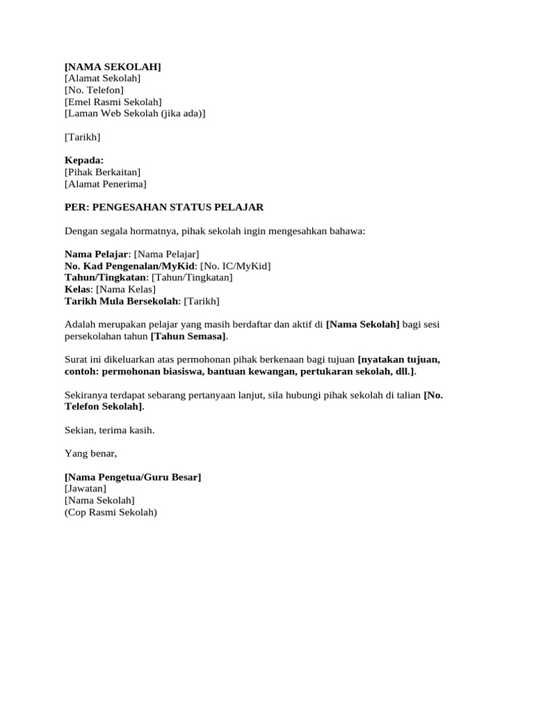 Contoh Surat Pengesahan Pelajar Sekolah | PDF