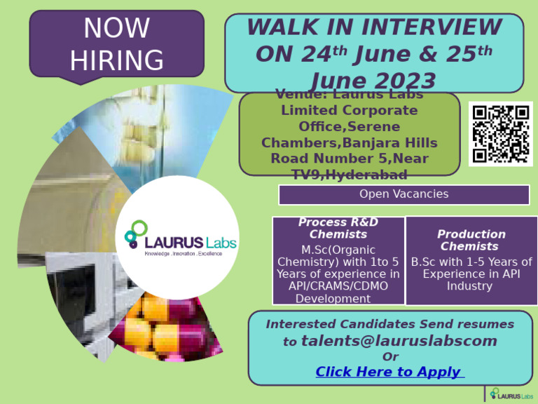 Walk-In Interview for Chemists at Laurus Labs | PDF