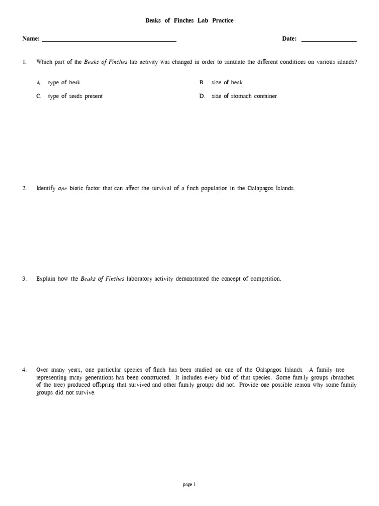 Beaks of Finches Lab Practice | PDF | Ecological Niche | Birds