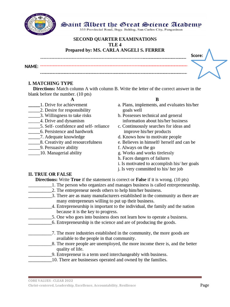 SECOND QUARTER EXAMINATIONS Grade 4 TLE Repro | PDF | Entrepreneurship ...