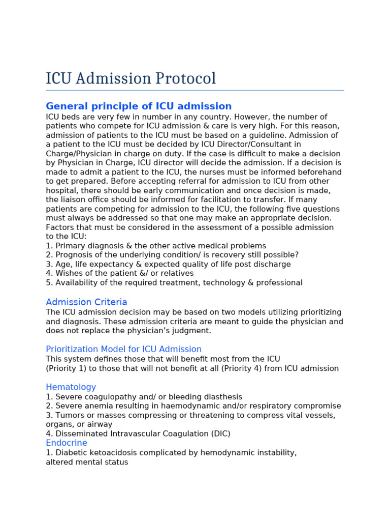 ICU Triage, Admission and Discharge Protocol | PDF | Emergency ...