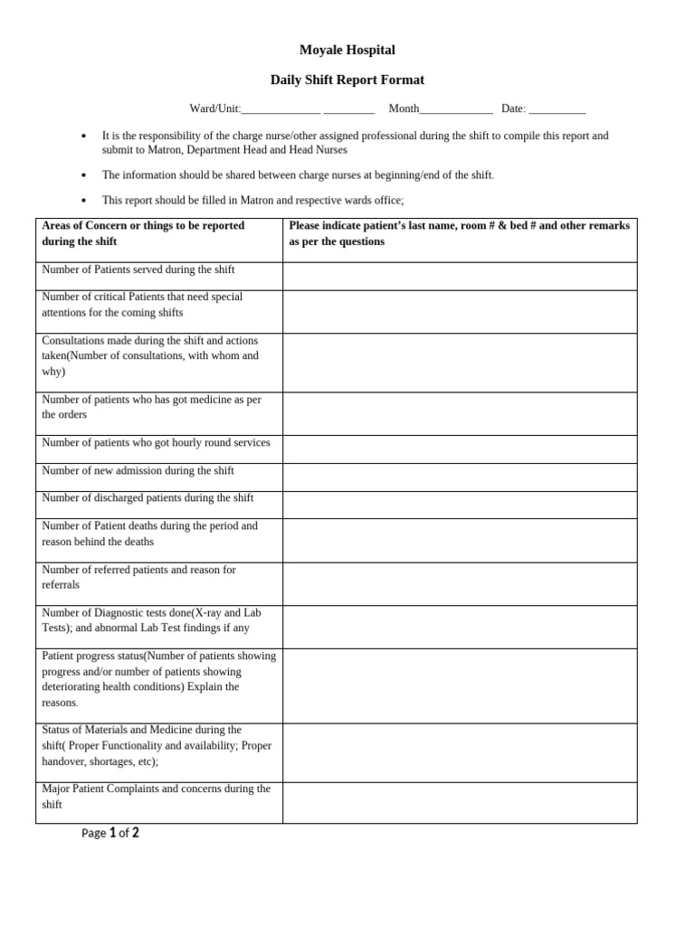 MOYALE HOSPITAL Daily Shift Report Format 2017 | PDF | Patient ...