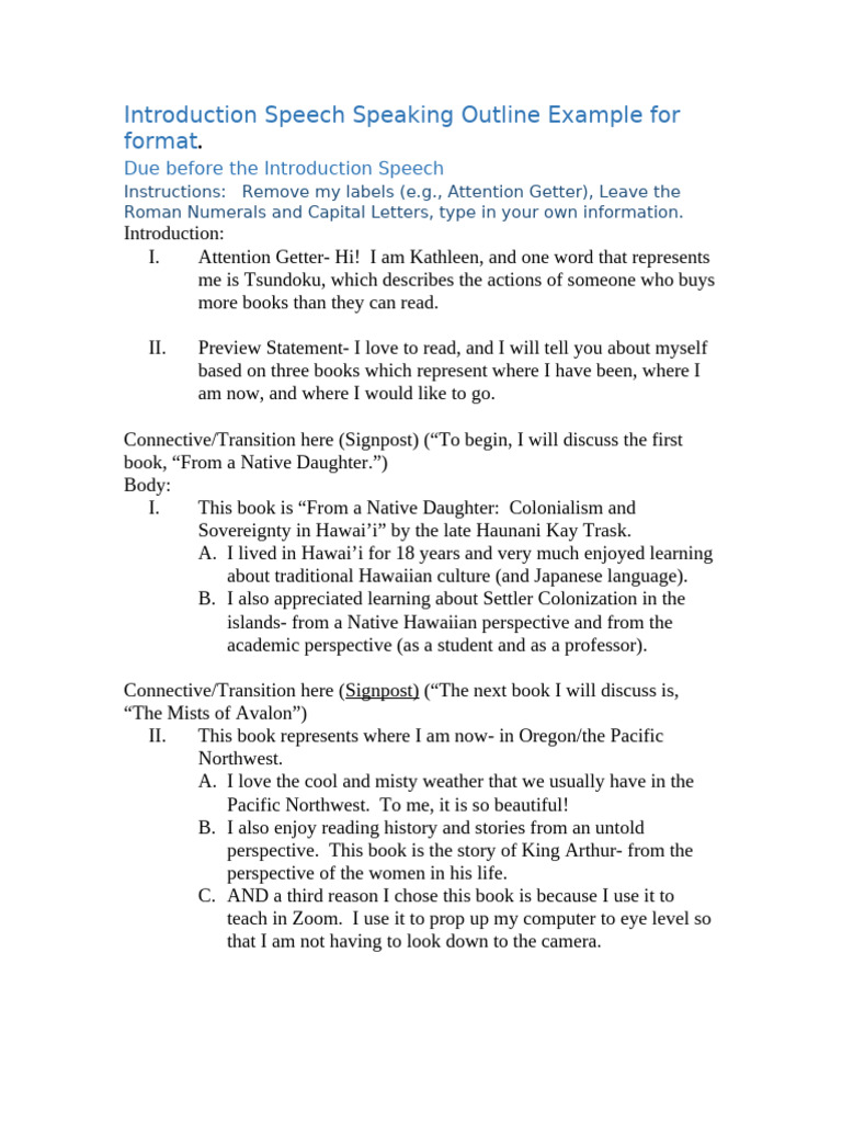 EXAMPLE Introduction Speech Speaking Outline | PDF | Hawaii