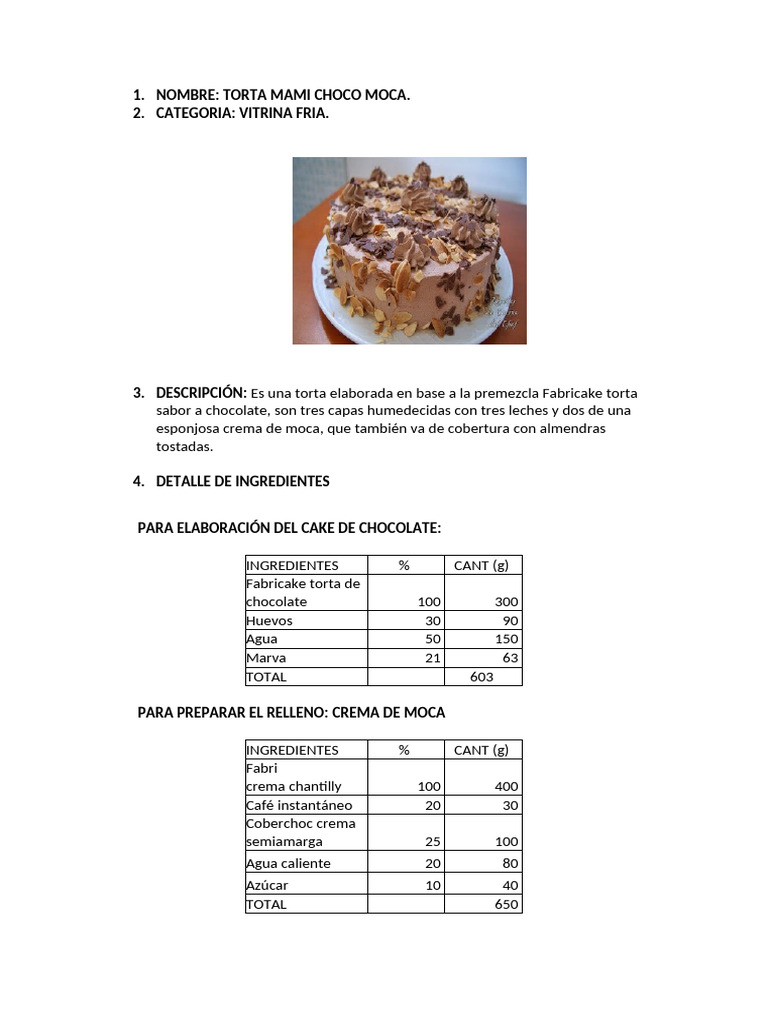 Torta Mami Choco Moca: Receta y Costeo | PDF | Chocolate | Alimentos