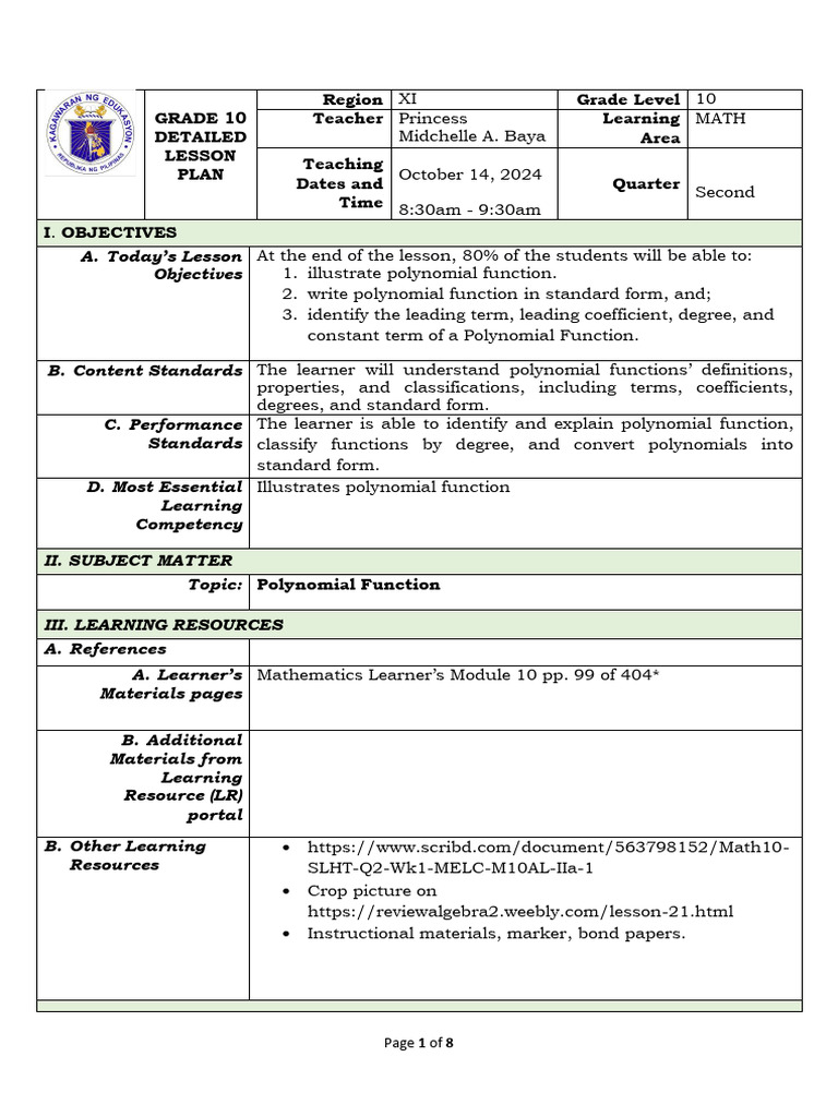 Grade 10 Polynomial Function Lesson Plan | PDF | Polynomial | Function ...